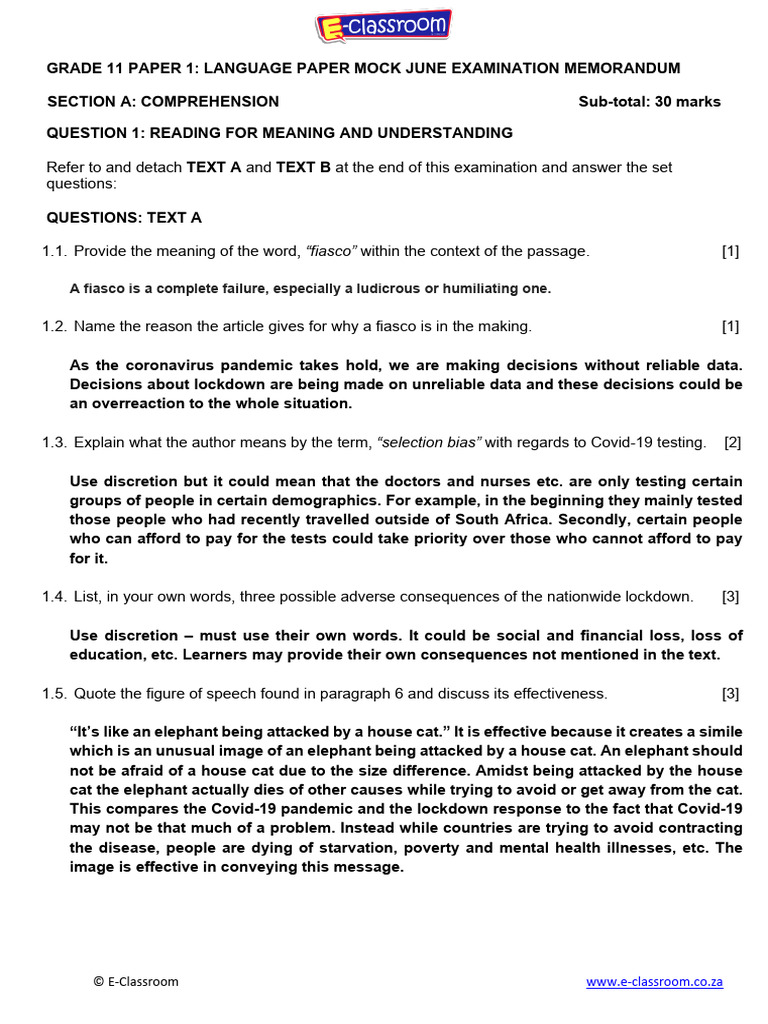 Grade 11 June Exam Paper 1 Language Memo | PDF | Epidemics | Virus
