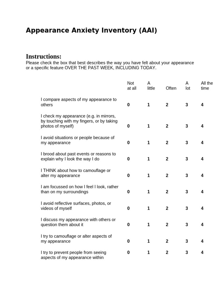 Appearance Anxiety Inventory Assessment | PDF