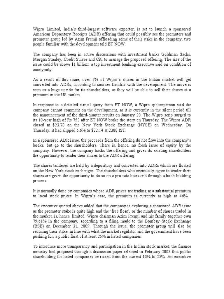 Wipro Limited - Sponsored ADR | PDF | American Depositary Receipt ...
