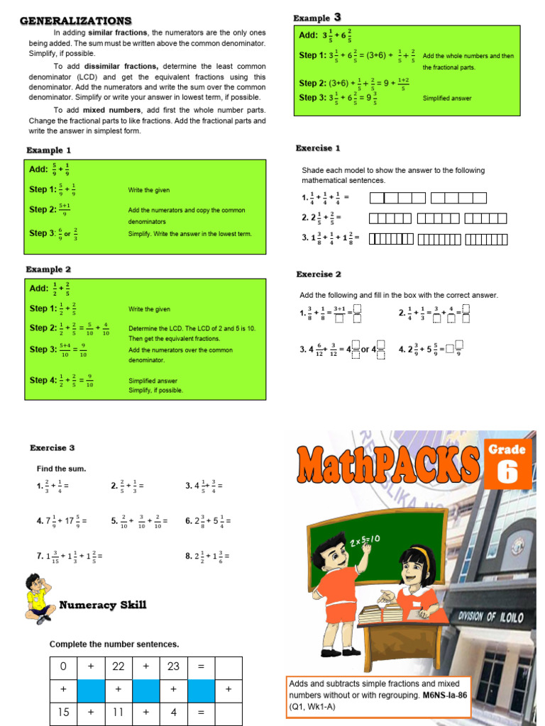 W1.a. Math6 - Q1 - M6NS-Ia-86 - Adds and Subtracts Simple Fractions and ...