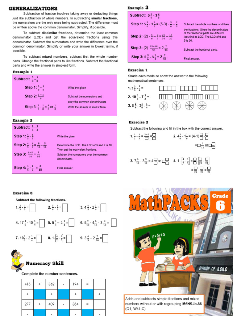 W1.C. Math6_Q1_M6NS-Ia-86_Adds and subtracts simple fractions and mixed numbers without or with ...