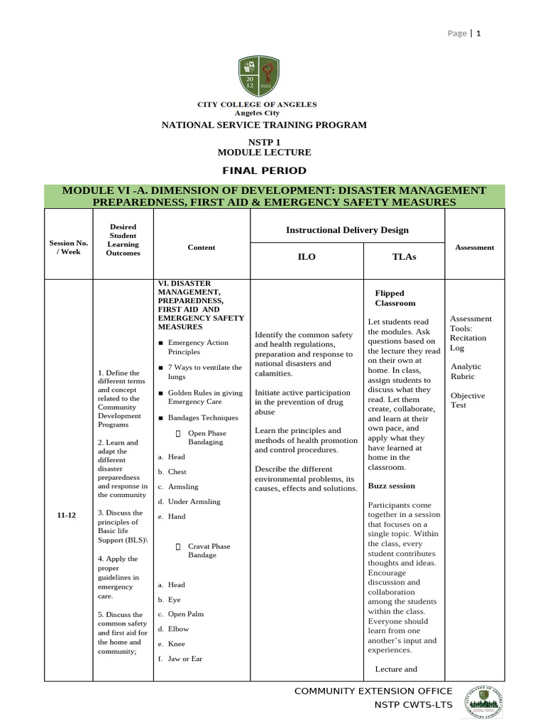 MODULE VI First Aid Disaster Management and Emergency Safety Measures ...