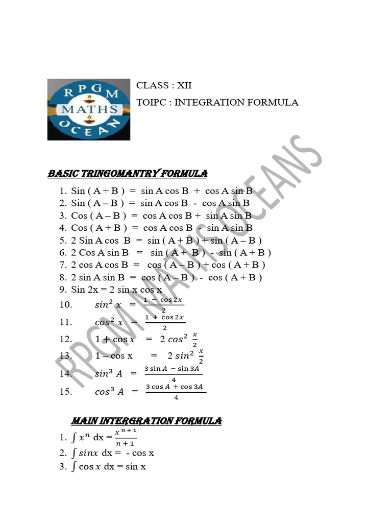 Integration and Trigonometry Formulas | PDF | Function (Mathematics ...