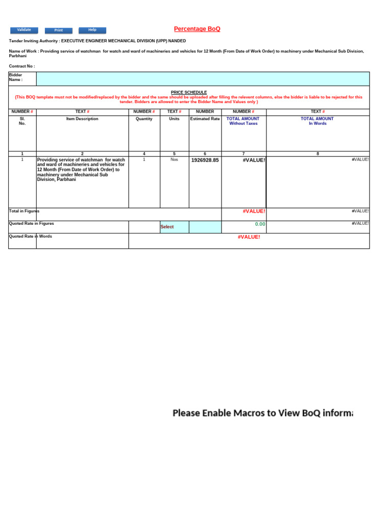 Watchman Service Tender BoQ Template | PDF