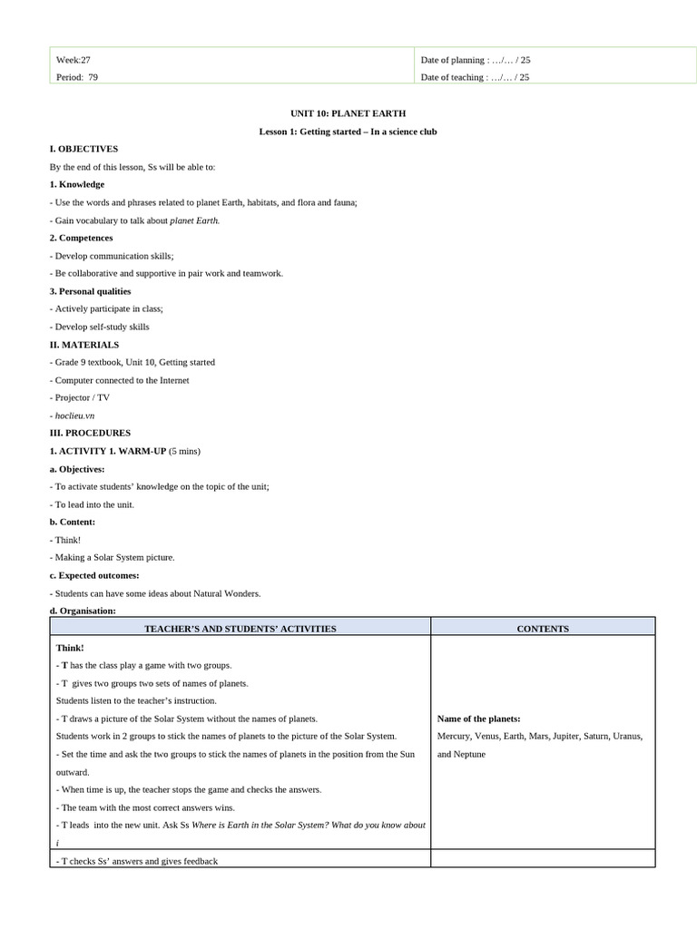 Unit 10 Space Travel Lesson 1 Getting Started | PDF | Planets | Earth