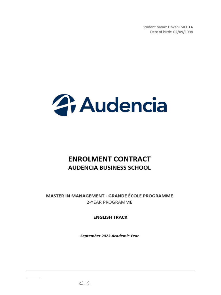 Audencia Offer Letter 2023 Contract PGE_Fall_ENGLISH TRACK_Dhvani MEHTA ...