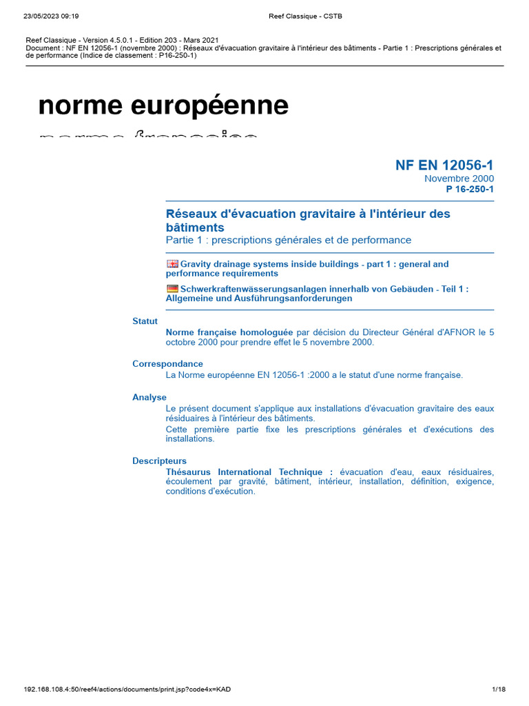 Norme NF EN 12056-1 : Évacuation gravitaire | PDF | Tuyau | Ventilation ...