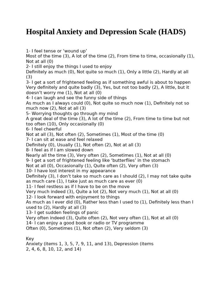 HADS Questionnaire for Anxiety and Depression | PDF