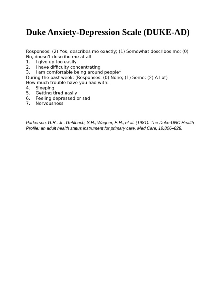 Duke Anxiety Depression Scale (DUKE-AD) | PDF