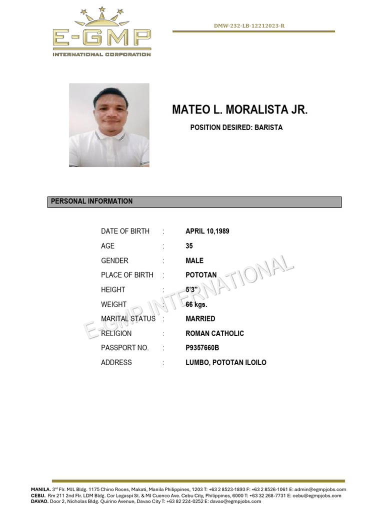 Barista Resume of Mateo Moralista Jr. | PDF | Coffee | Drink