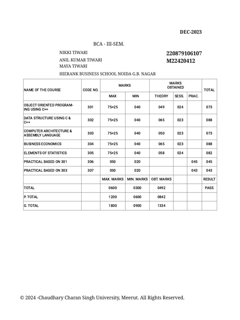BCA III-Sem Results Summary | PDF