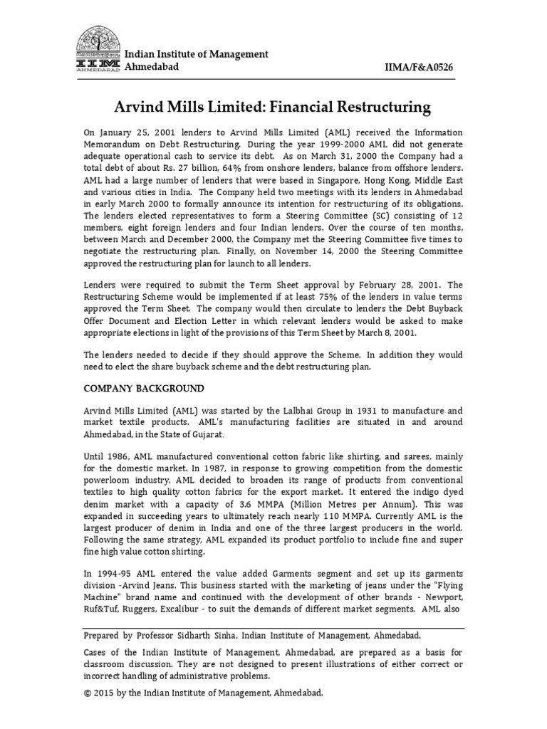 Arvind Mills Limited Financial Restructuring - Unlocked | PDF | Debt ...