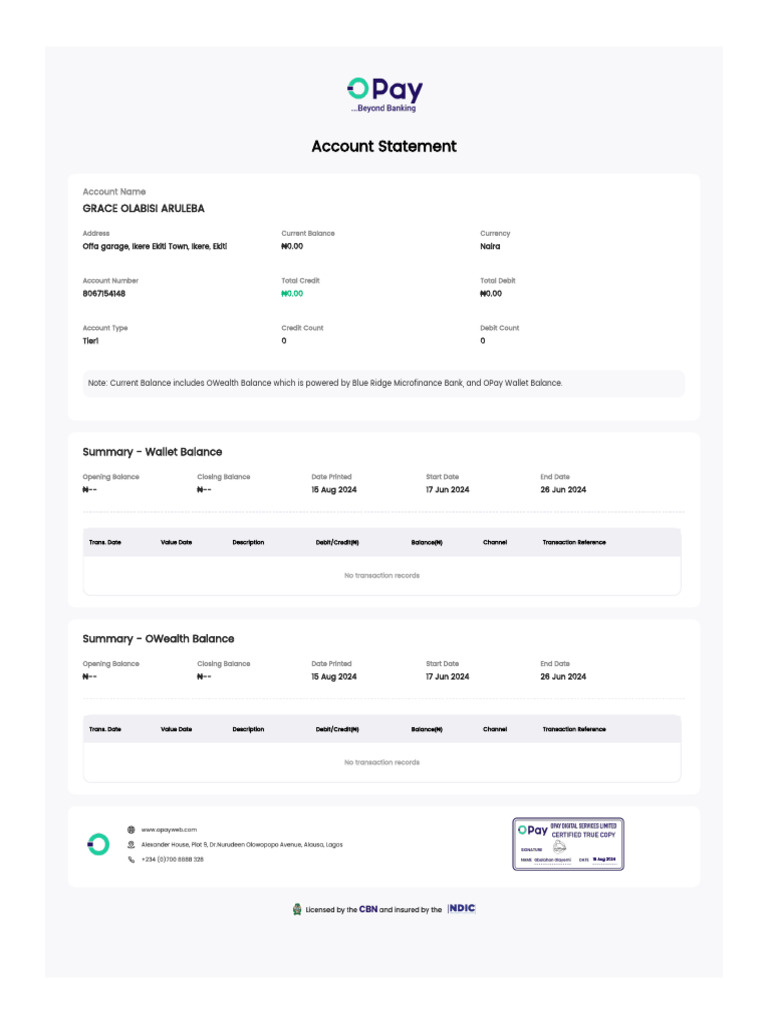 Account Statement for Grace Aruleba | PDF