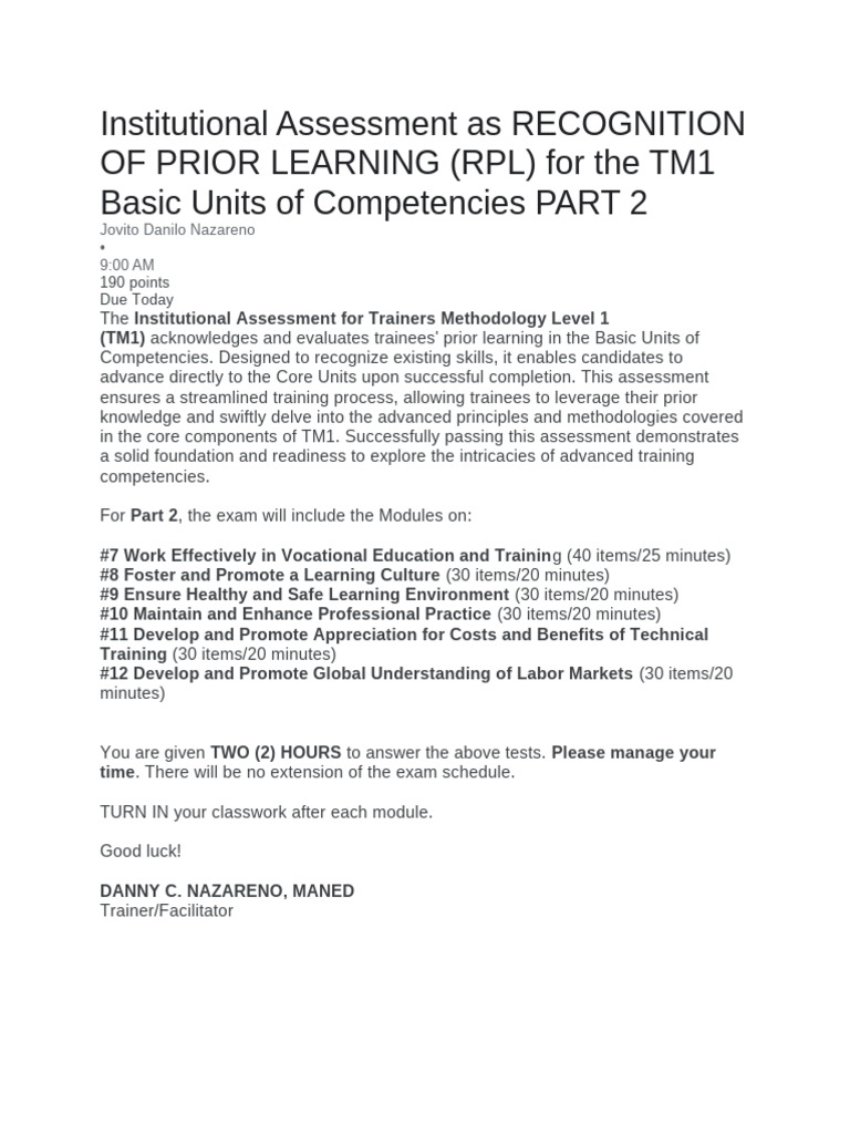 Institutional Assessment As Recognition of Prior Learning | PDF