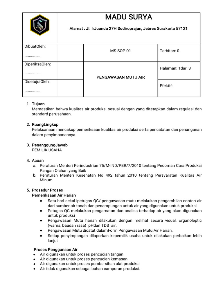 SOP 01 Pengawasan Mutu Air | PDF