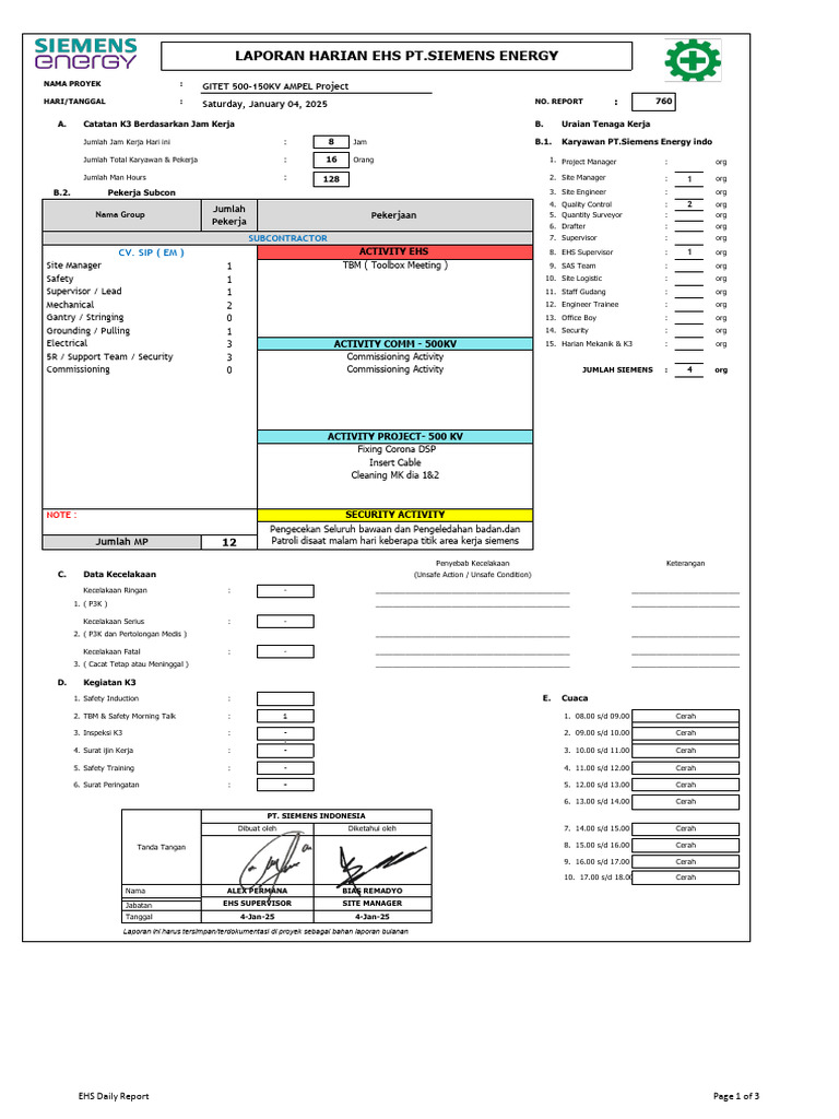 760 04 January 2025 - EHS Daily Report GITET 500-150KV AMPEL Project | PDF