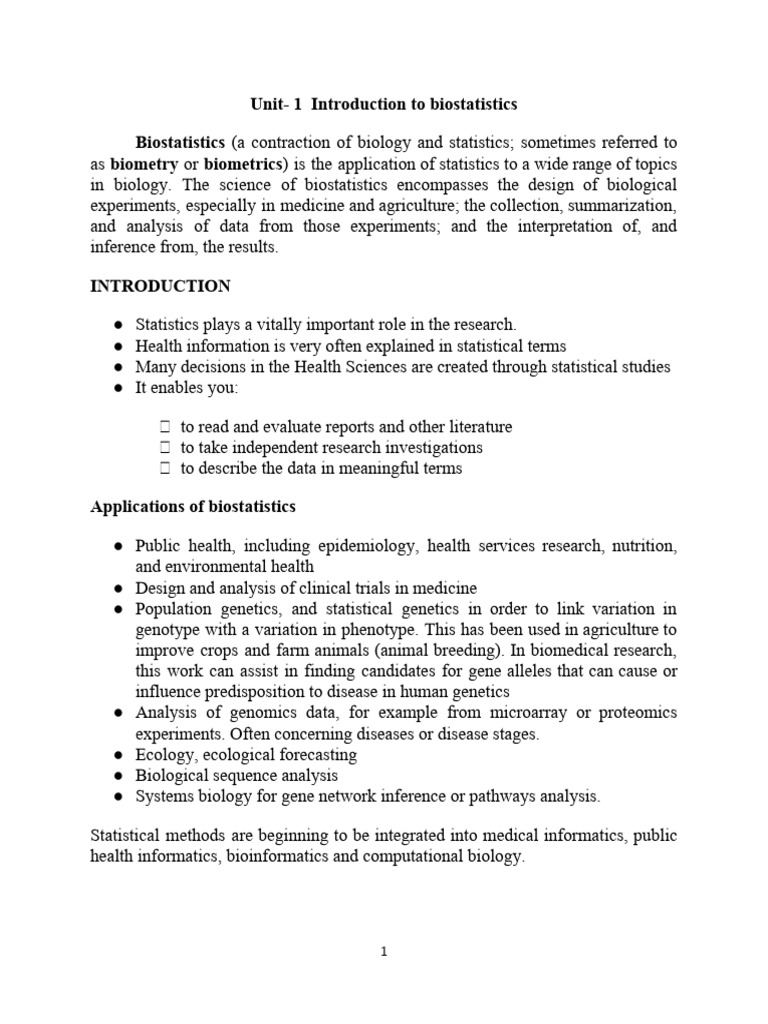 Unit - 1 Biostatistics Notes | PDF | Sampling (Statistics) | Level Of ...