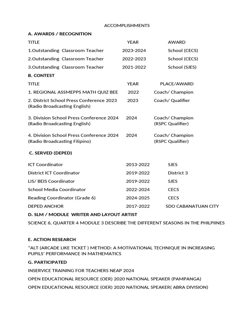 ACCOMPLISHMENTS Kim - mt1 | PDF