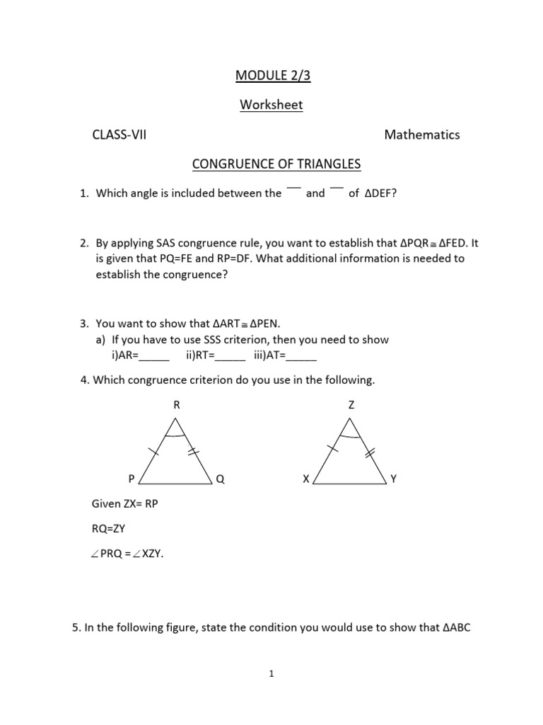 Grade 7 Triangle Congruence Worksheet | PDF