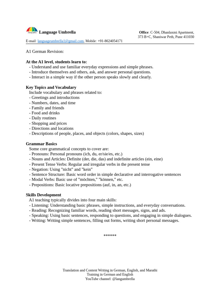 A1 German Language Learning Guide | PDF