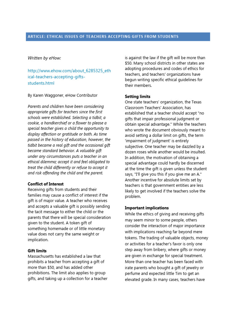Article Ethical Issues of Teachers Accepting Gifts | PDF | Teachers ...