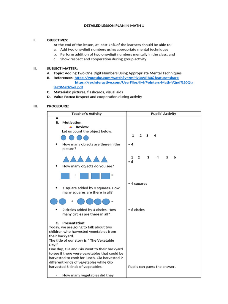beverly DETAILED LESSON PLAN IN MATH 1 | PDF | Learning
