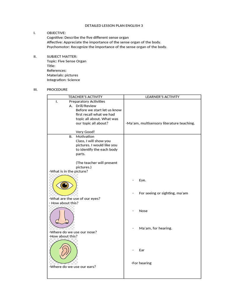Detailed Lesson Plan English 3 | PDF | Senses | Perception
