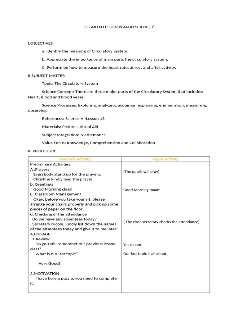 Detailed Lesson Plan in Science 6-LIEZEL SUENO | PDF | Blood Vessel | Blood