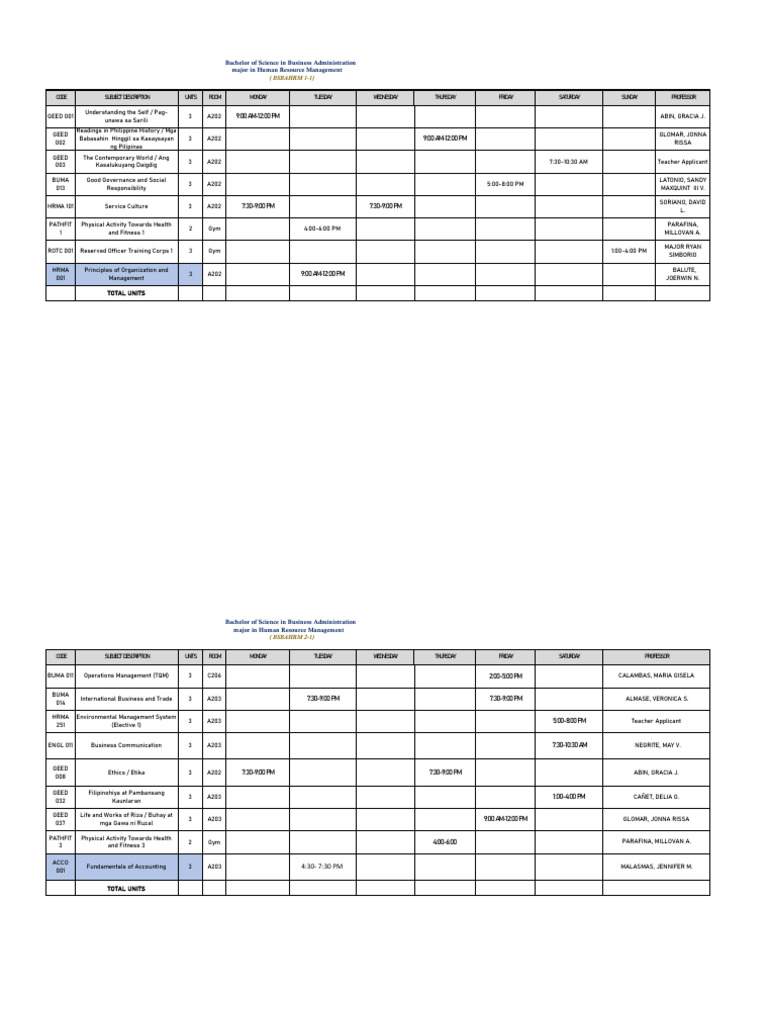 Hrm Class Schedule 2425 First Semester Final (1) | PDF | Business