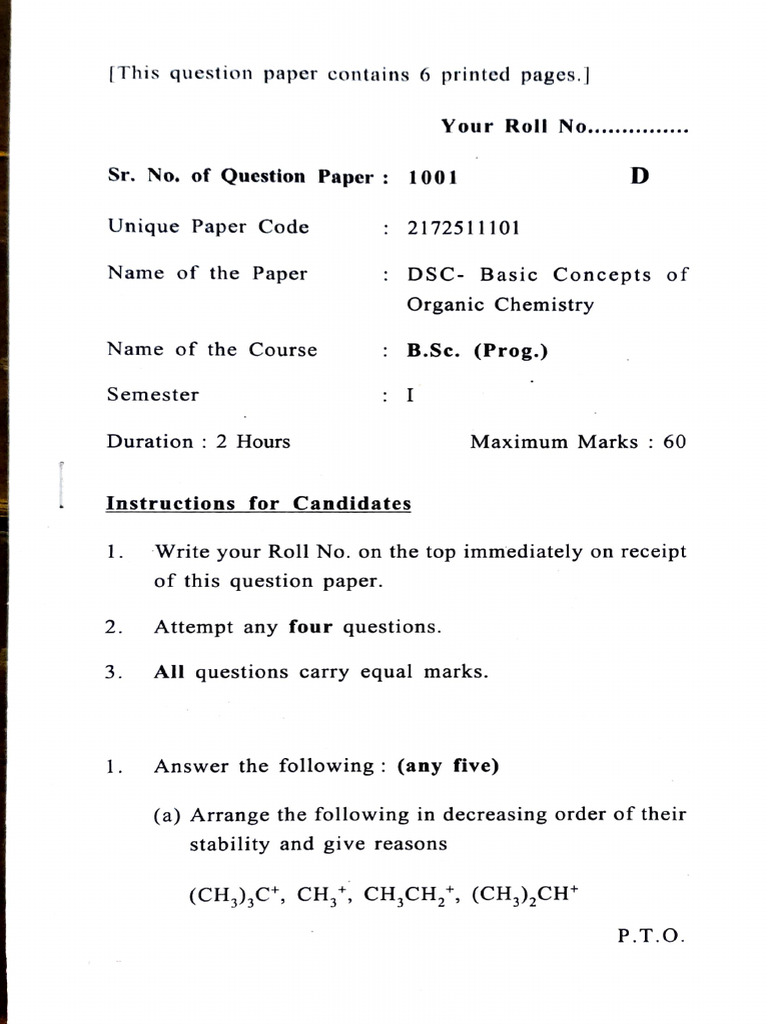 Organic Chemistry Exam Paper | PDF | Unit Processes | Organic Chemistry
