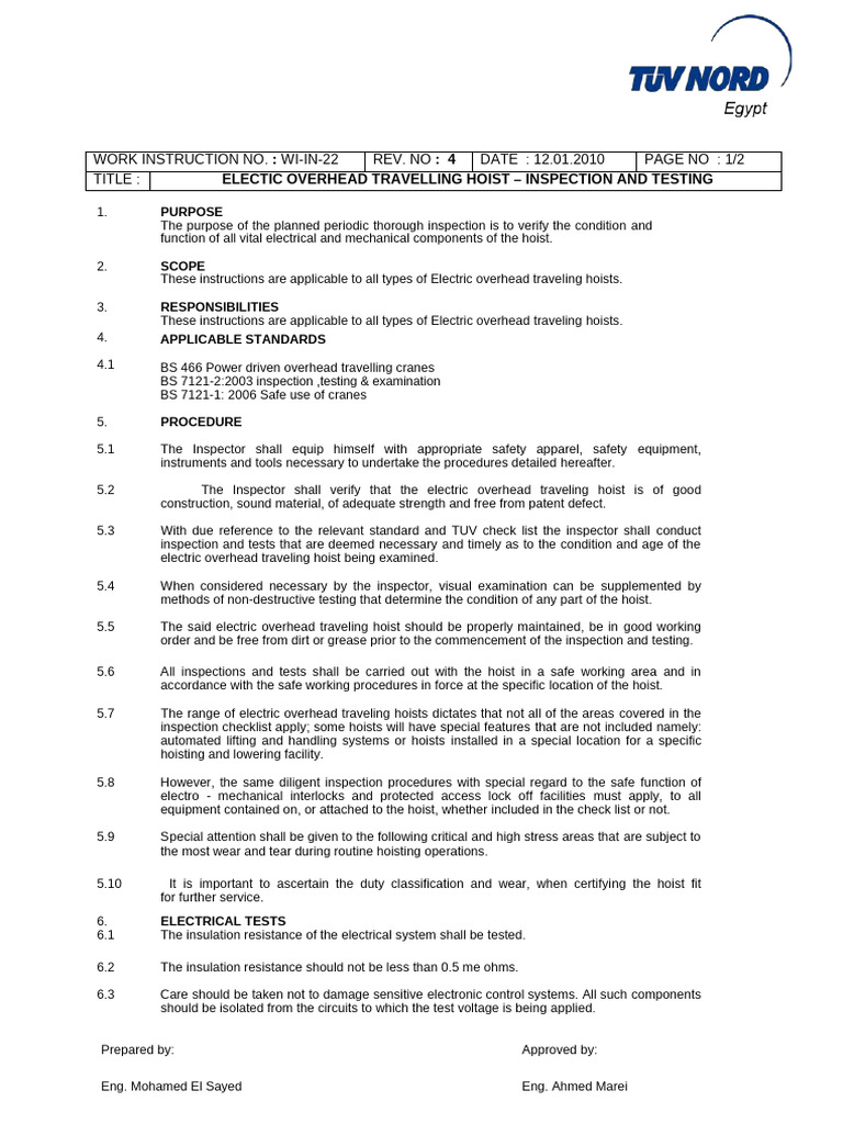 Electric Hoist Inspection Guidelines | PDF | Electrical Resistance And ...