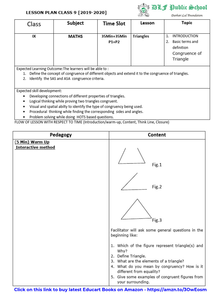Class 9 Maths Lesson Plan: Triangles | PDF | Triangle | Learning