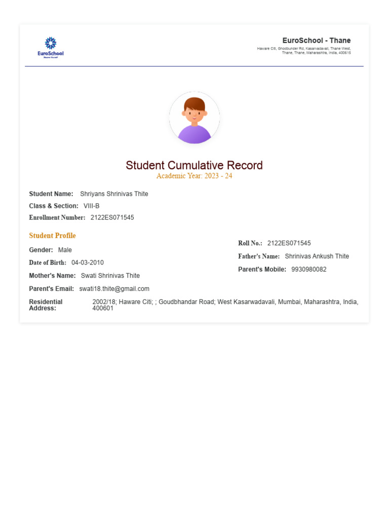 Shriyans Shrinivas Thite 8B TERM2 FA2 Report Card | PDF