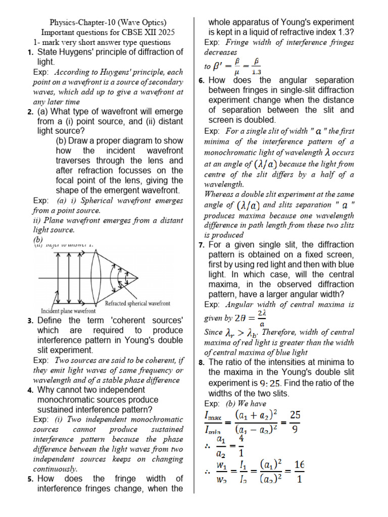 Important Wave Optics Questions for CBSE XII | PDF | Diffraction | Wavelength