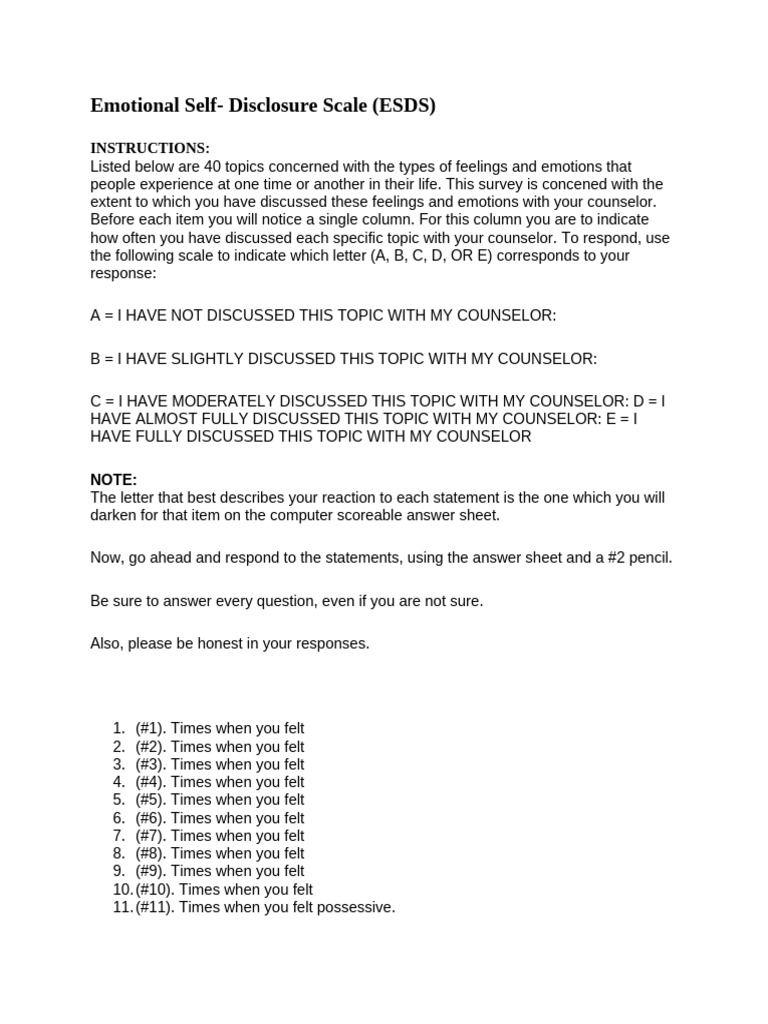 Emotional Self-Disclosure Scale (ESDS) | PDF | Mental Health | Social ...