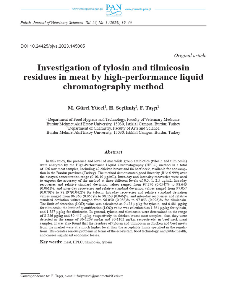 HPLC Analysis of Tylosin & Tilmicosin in Meat | PDF | Detection Limit ...