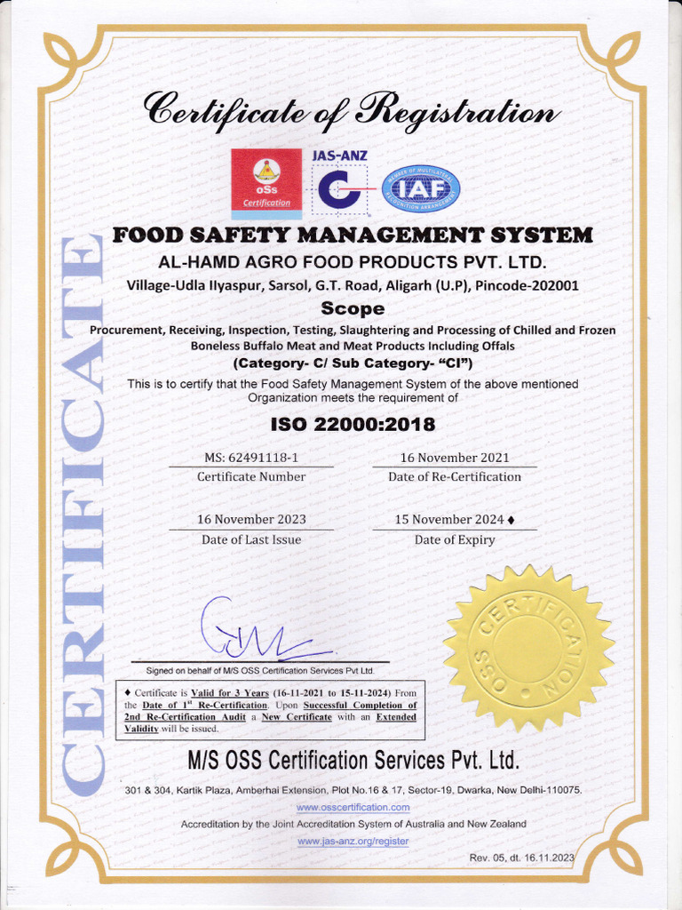 ISO 22000:2018 Certification for Al-Hamd | PDF