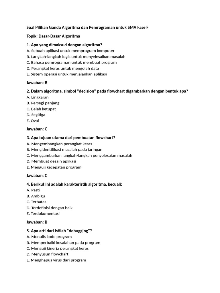 Soal Pilihan Ganda Algoritma Dan Pemrograman Untuk SMA Fase F | PDF
