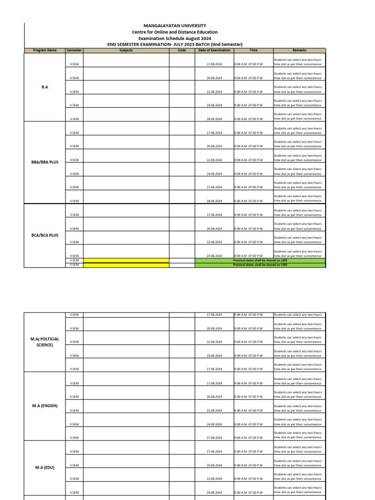 August 2024 II Semester Exam Schedule | PDF | Science