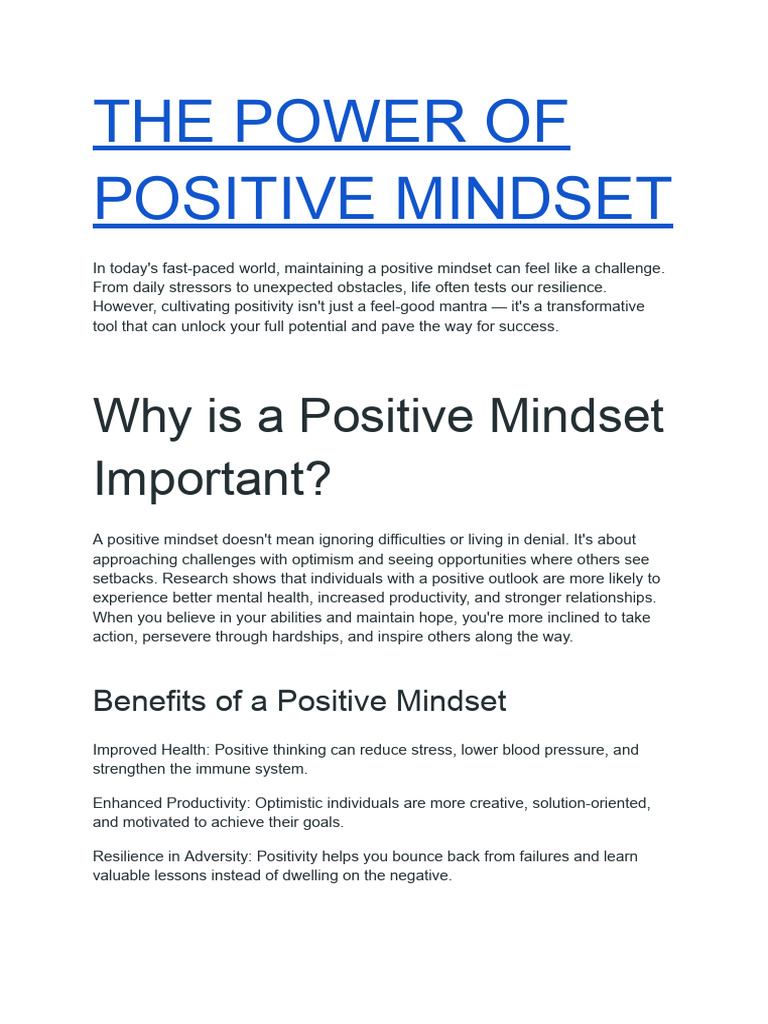 The Power of Positive Mindset | PDF | Optimism | Mindset