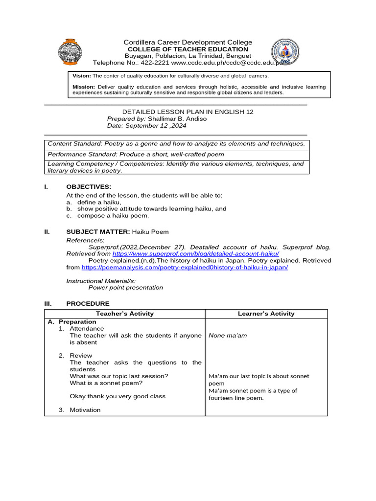 Haiku Lesson Plan for English 12 | PDF | Haiku | Poetry