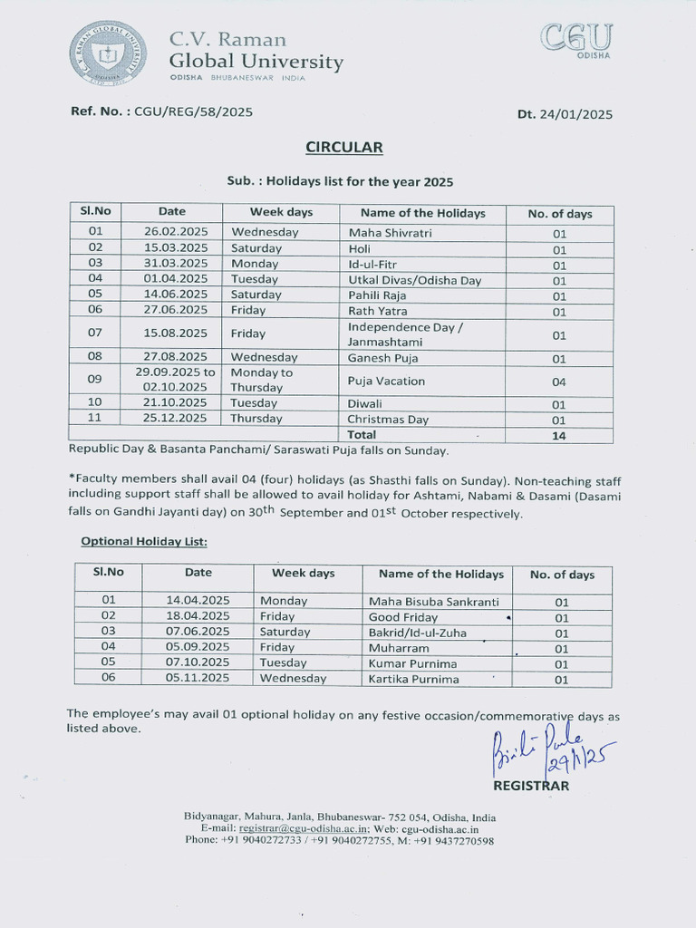 Circular - Holidays List For The Year 20250001 | PDF
