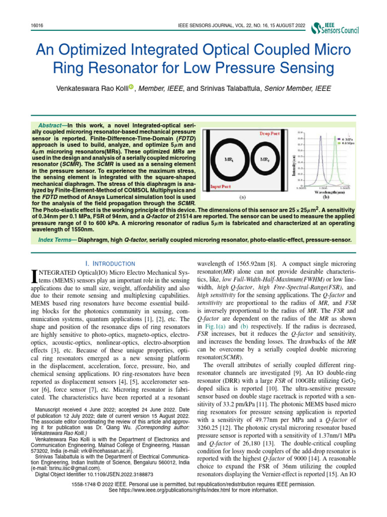 An Optimized Integrated Optical Coupled Micro Ring Resonator For Low Pressure Sensing | PDF ...