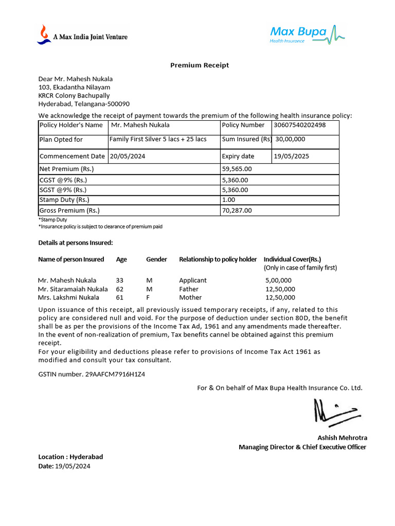 Health Insurance Premium Receipt | PDF | Insurance | Taxes