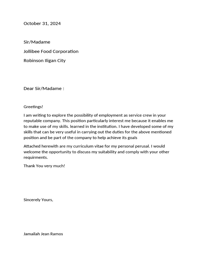 Job Application for Service Crew Position | PDF