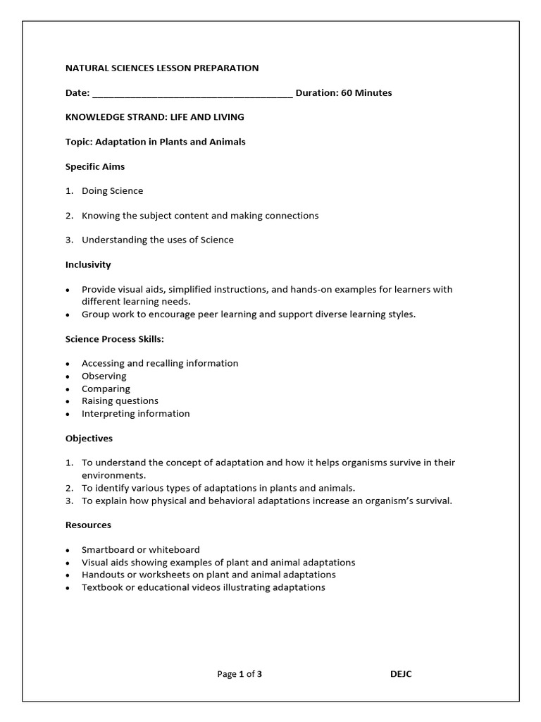 Grade 8 Natural Sciences Adaptations Lesson Plan | PDF | Adaptation ...