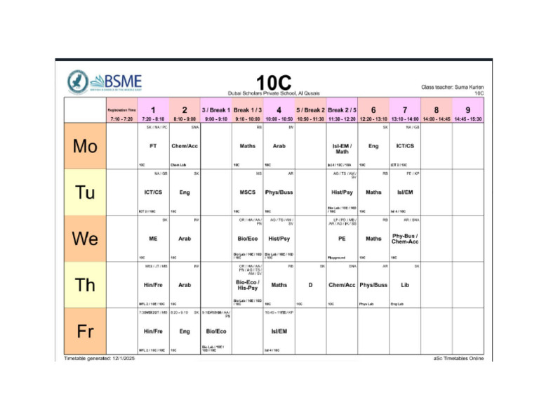 Class Timetable - 10 C (2025) 1 | PDF