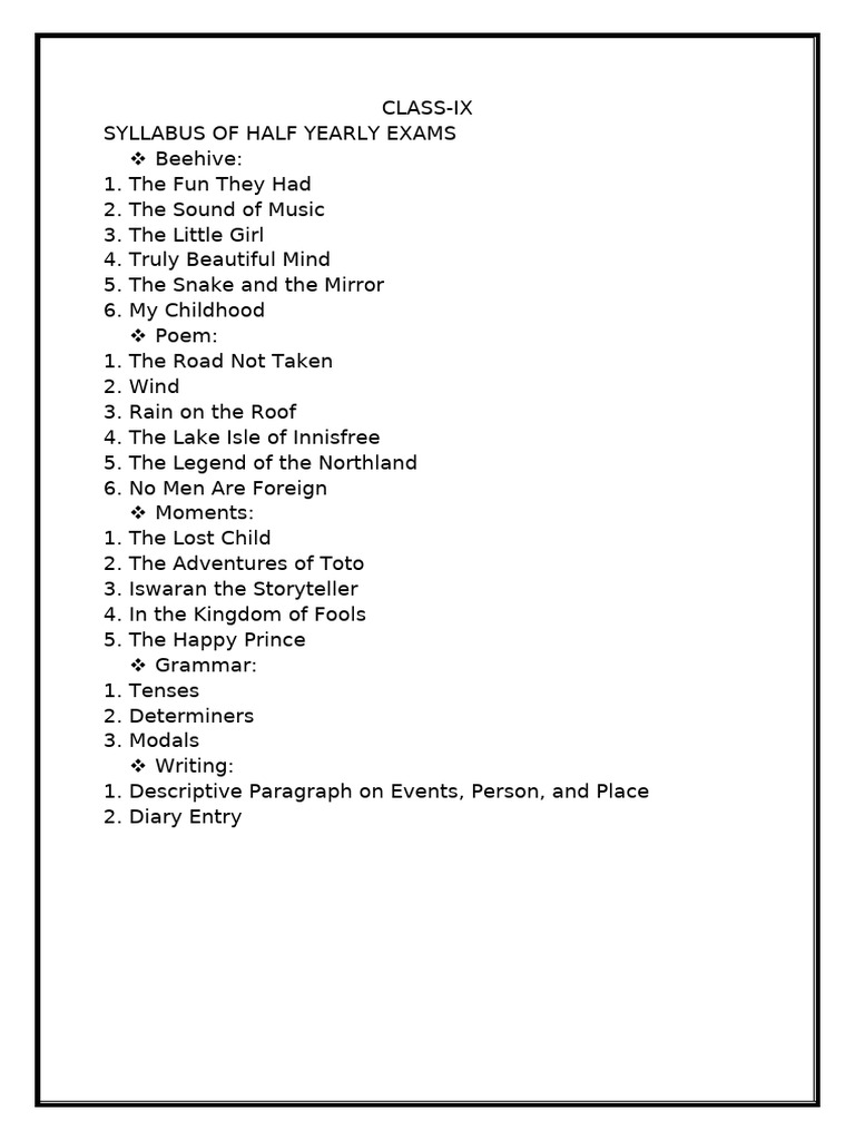 Class-Ix - Syllabus of Half Yearly Exam | PDF