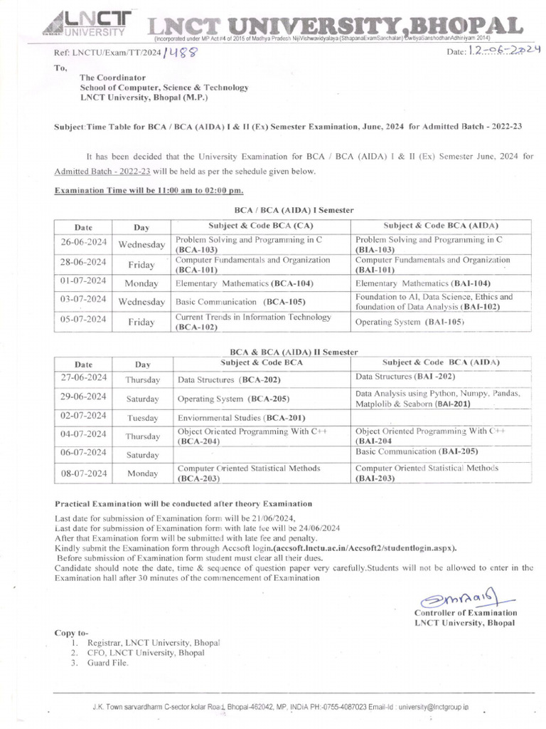 Bcabcaaida III Sem Time Table Batch 2022 23 | PDF
