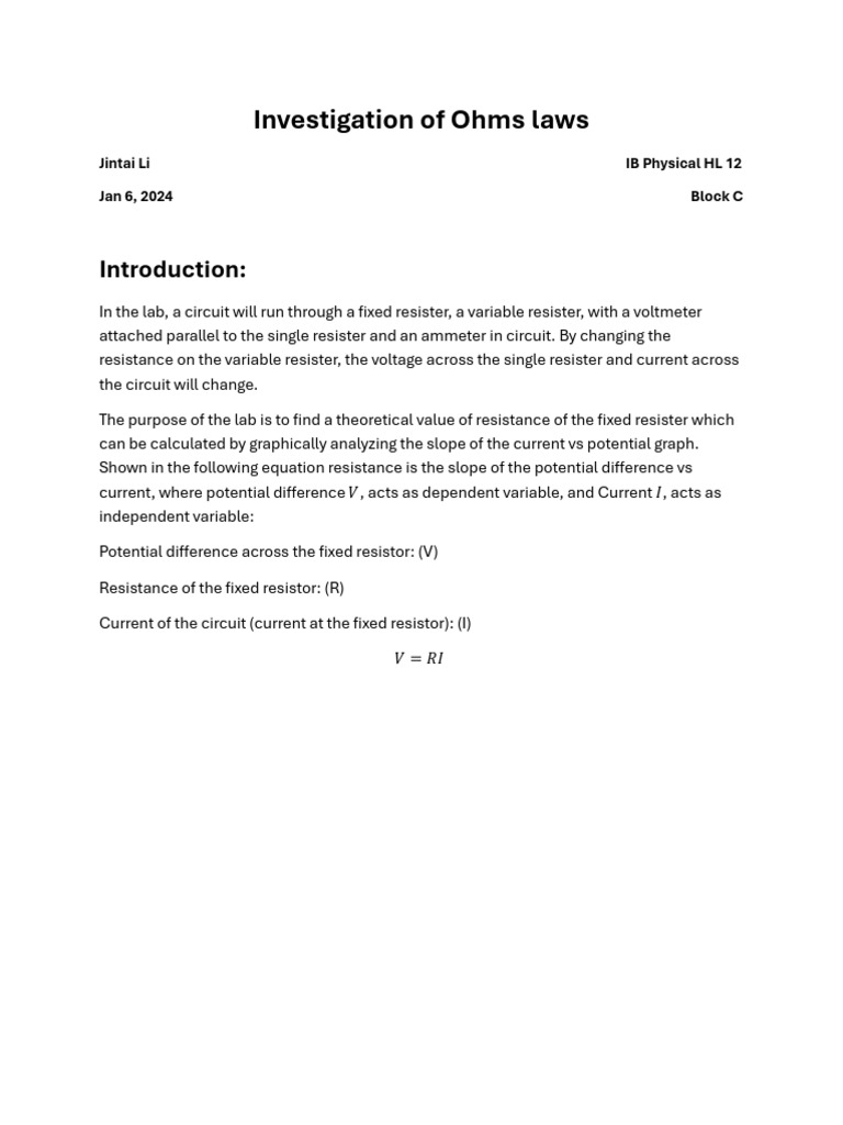 IB Physics 12 HL Ohms Law Lab | PDF | Electrical Resistance And ...